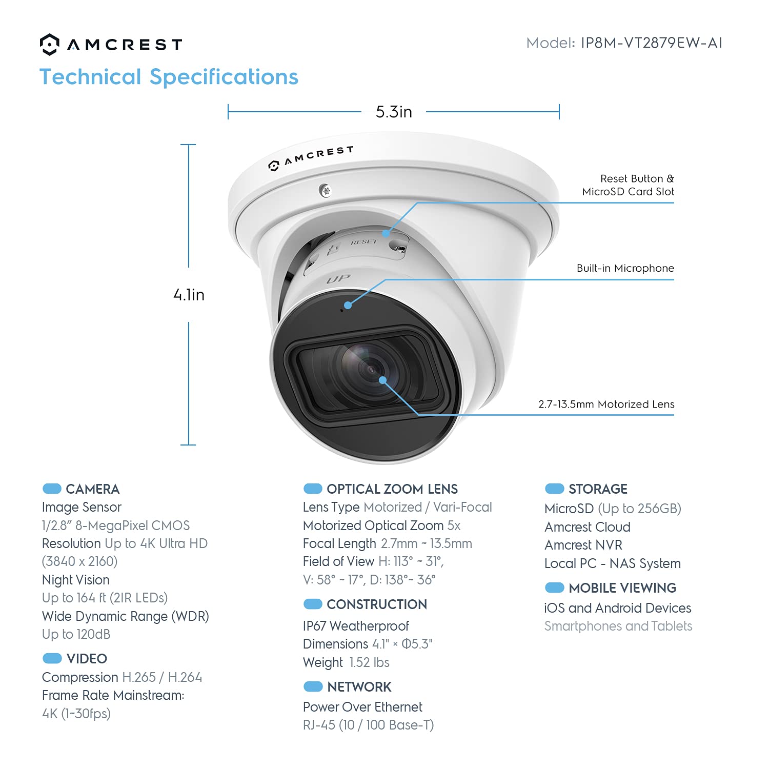 Amcrest 4K Optical Zoom AI IP PoE Camera, Varifocal 8MP Outdoor IP POE AI Camera Turret, Face Detection, Human/Vehicle Detection, 2.7mm~13.5mm Lens, IP67, 5X Optical Zoom (IP8M-VT2879EW-AI)