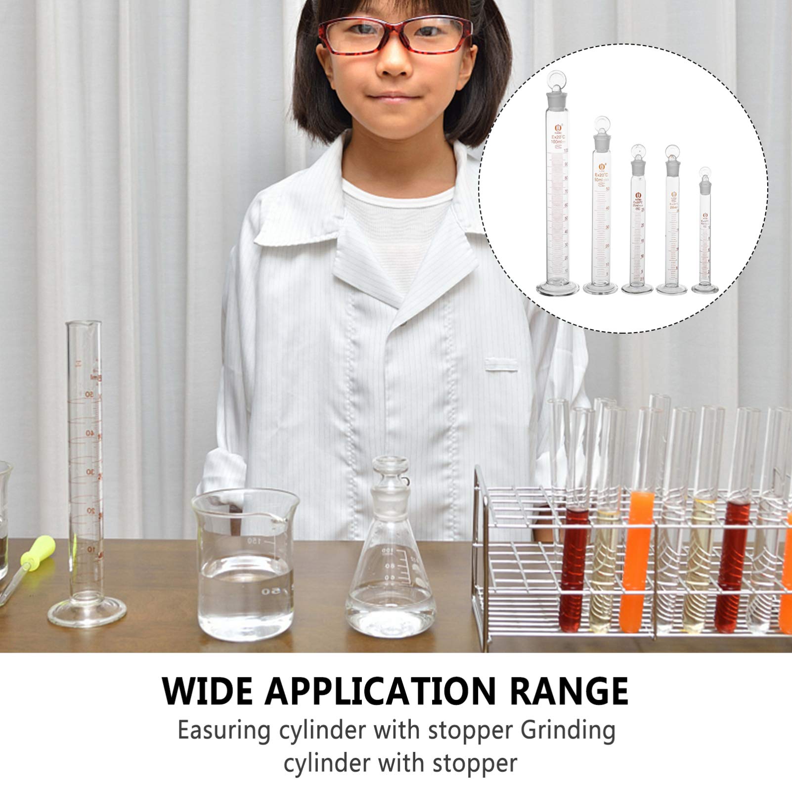 Baluue 5Pcs Glass Graduated Measuring Cylinder with Stopper Metric Scale Measuring Cup Conical Beaker Liquid Dispenser Experiment Tool for School Science 10/20/ 25/50/ 100ML