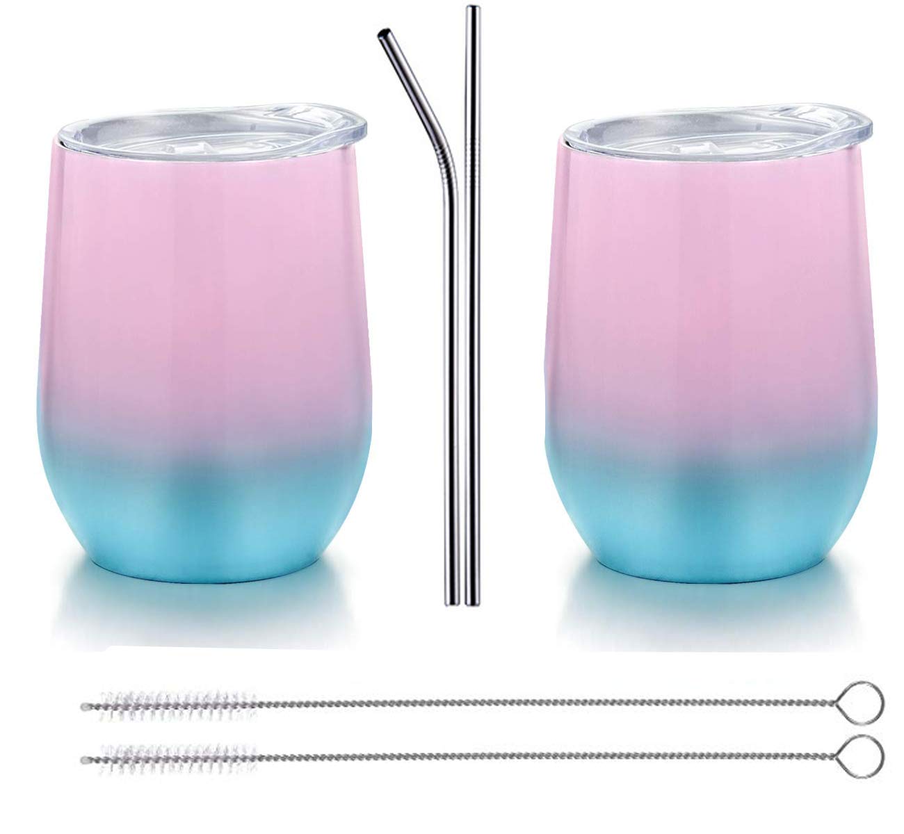 12 oz 2Pack Wine Tumbler with Lid, Double Wall Vacuum Insulated Stemless Glass, Stainless Steel Wine Cup with Straw and Straw Brush for Wine, Coffee, Drinks, Champagne, Cocktails (Colorful 1)
