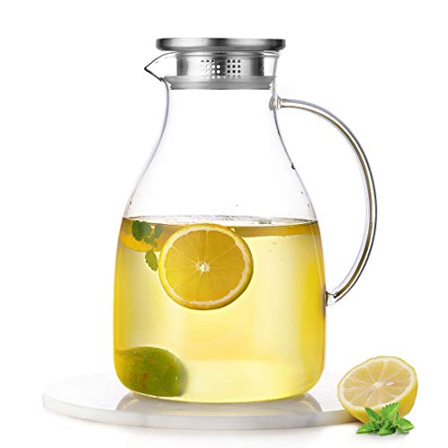 85 Ounces Glass Pitcher with Filter Lid/Water Carafe for Homemade Juice & Iced Tea,Stovetop SafeĀ Beverage Jug