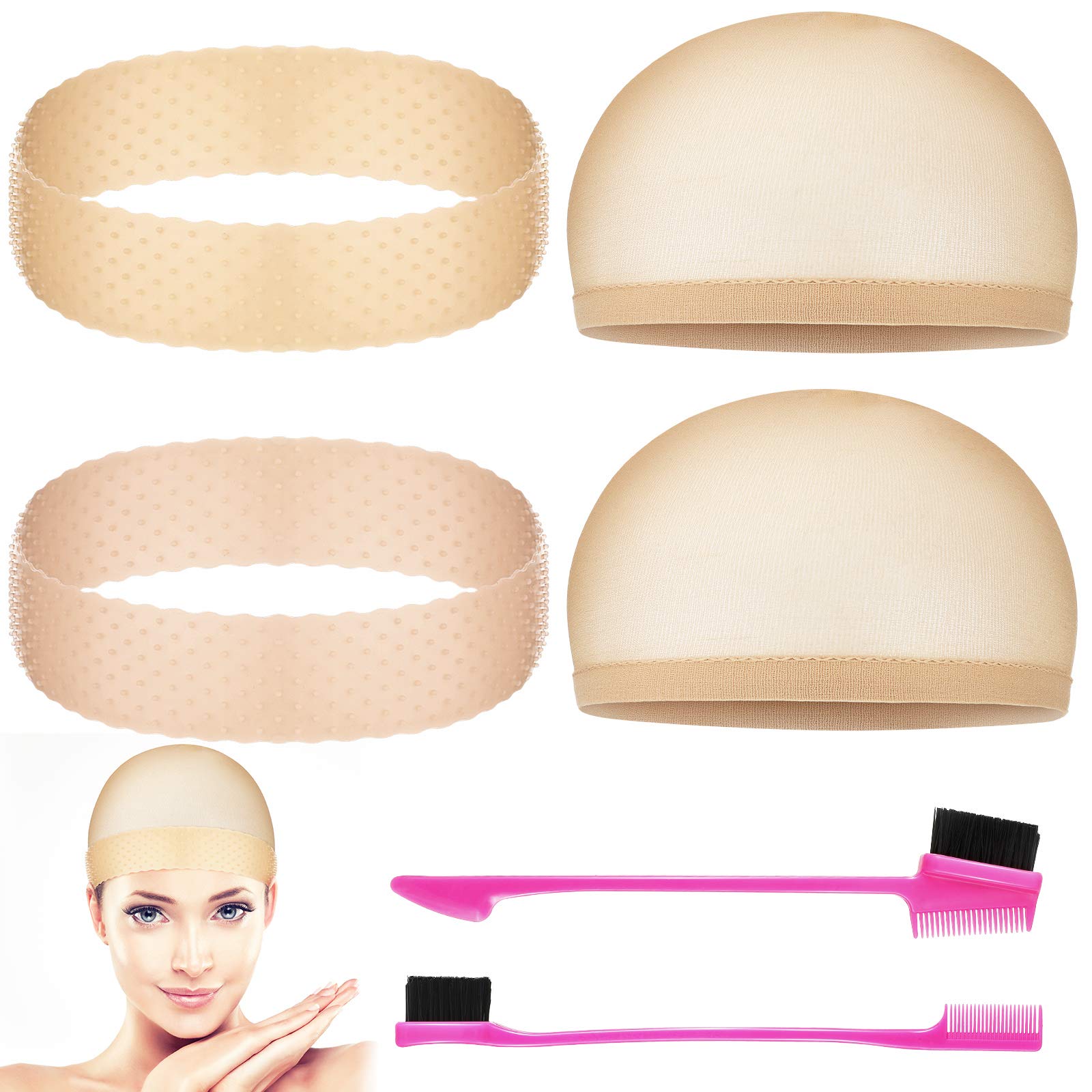 Chuangdi 4 Pieces Silicone Wig Grip Band and Stretchy Nylon Wig Caps for women, Non Slip Silicone Headband for Wigs with 2 Brush for Women Sport Yoga