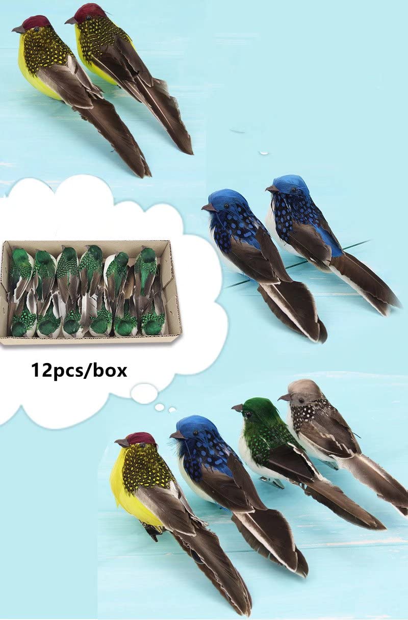 12Pcs Artificial Simulation Feather Birds with Clips Foam Birds Ornaments DIY Craft for Home Garden Wedding Decoration Party Accessories