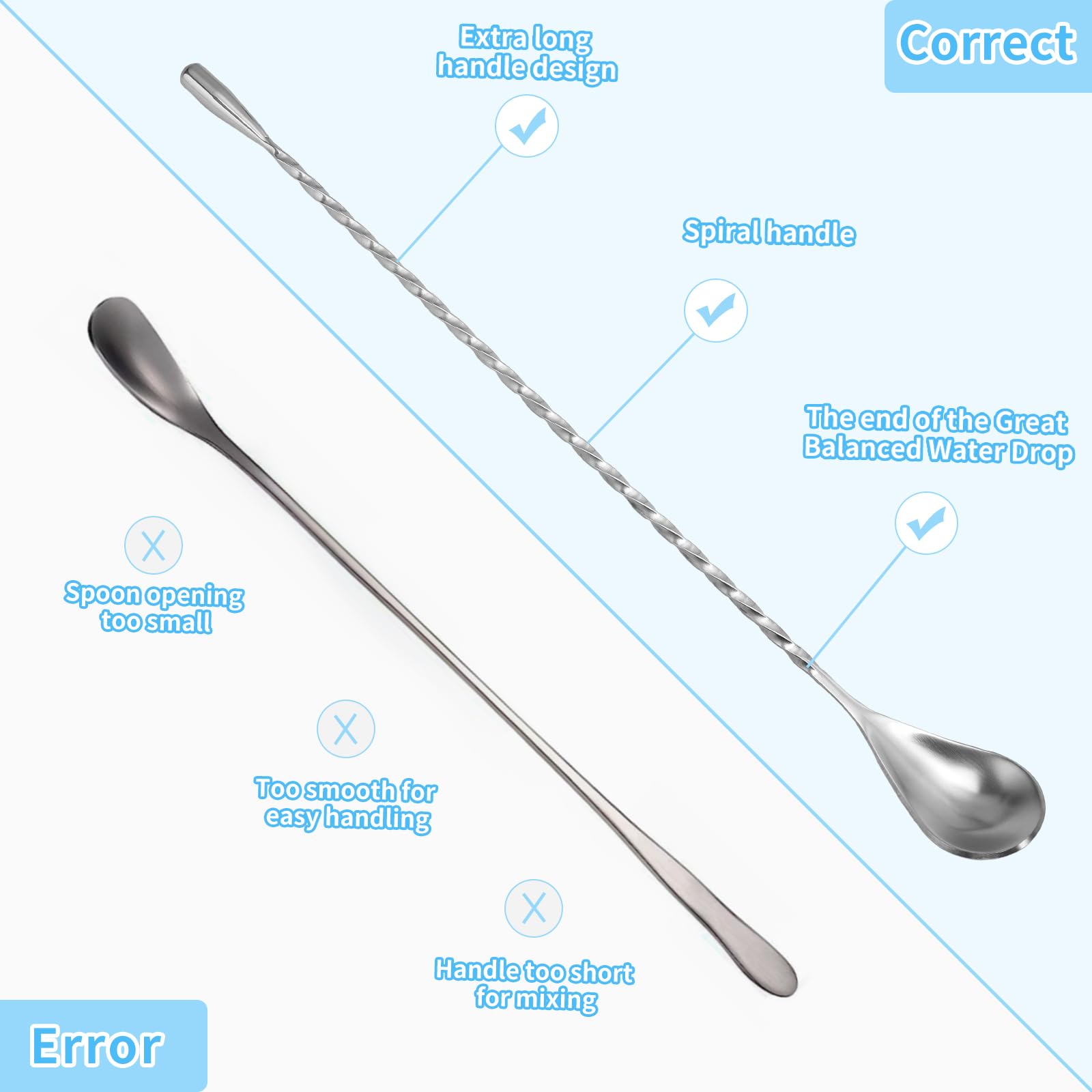 2 Pcs 12 Inch Bar Mixing Spoon Cocktail Spoon Stainless Steel Bar Long Spoon With Spiral Pattern
