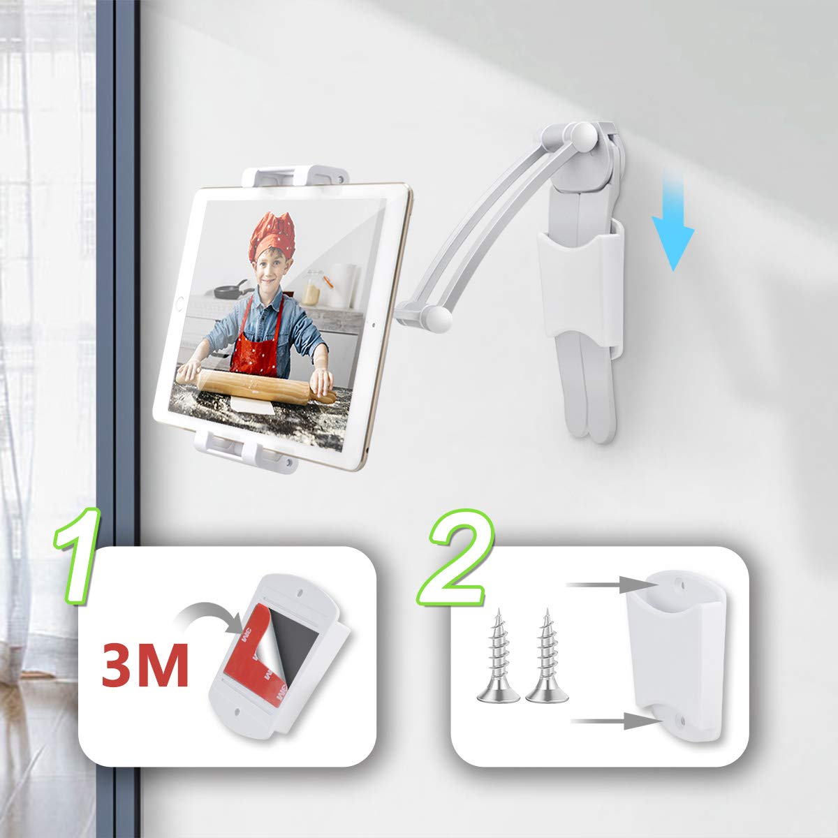 AYADA Kitchen Cabinet Tablet Holder, 2 in 1 Wall Mount Desktop Stand for ipad 12.9 Aluminum Alloy Metal Adjustable Multiangle Foldable Universal Phone Tablet Bracket Cooking Table Counter Top (Silver)