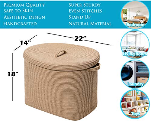 22"x14"x18" Rectangular Extra Large Storage Basket with Lid, Cotton Rope Storage Baskets, Laundry Hamper, Toy Bin, for Toys Blankets Storage in Living Room, Baby Nursery, All Beige