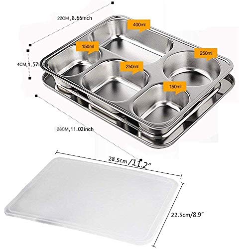 AIYoo 304 Stainless Steel Divided Plates with Lid for Adults Divided Dinner Tray 5 sections Bento Lunch Box Divided Food Containers