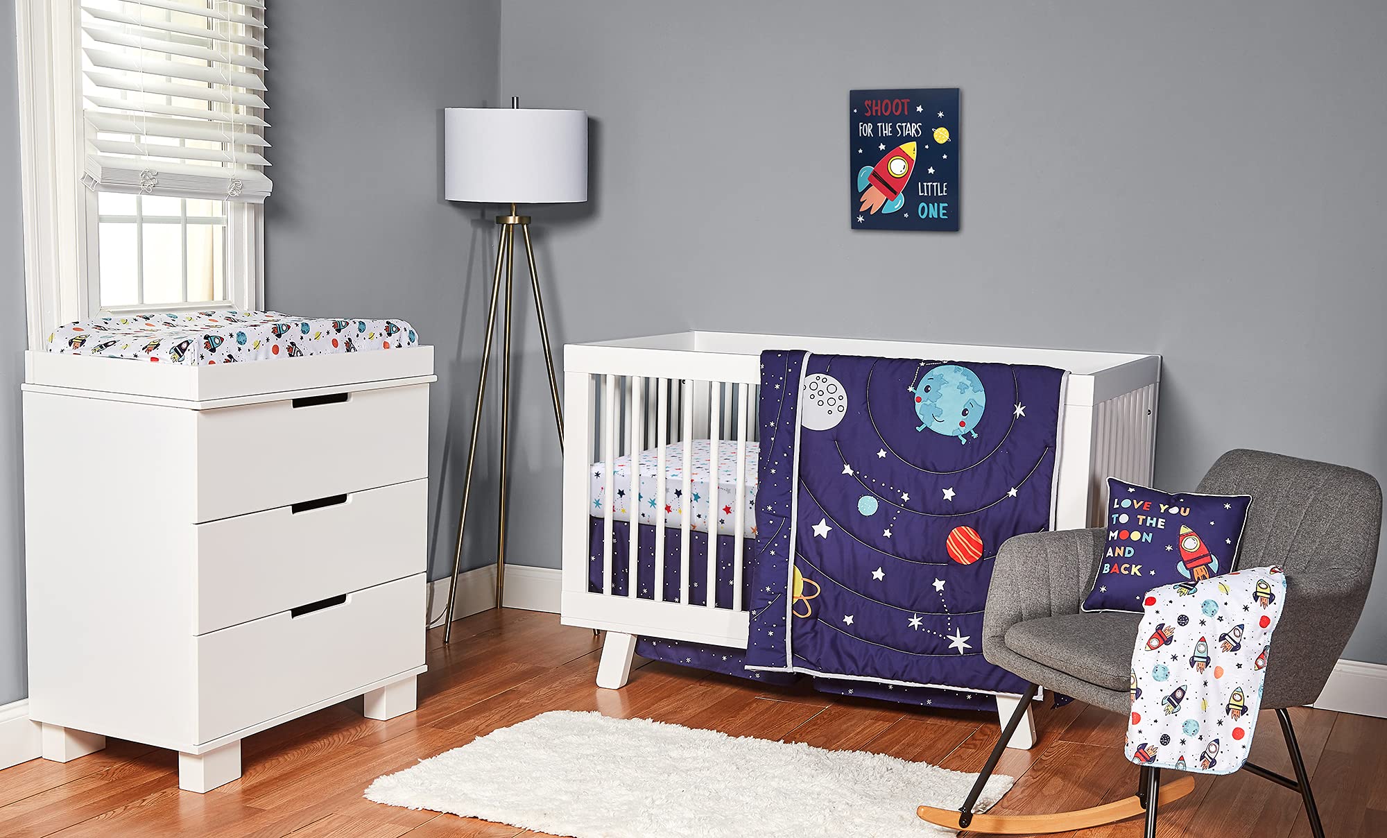 Fisher Price Space Explorer Fitted Crib Sheet Cotton Stars, Space Themed Nursery Bedding 28 x 52โ Fitted Crib Sheet for Standard Crib Mattress