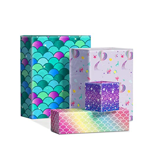 16 Sheets Mermaid Wrapping Paper Gift Wrapping Paper Mermaid Scale Wrapping Paper Set Mermaid Themed Birthday Wrapping Paper for Girls Birthday Christmas Baby Shower Party Supplies - 20'' x 27''