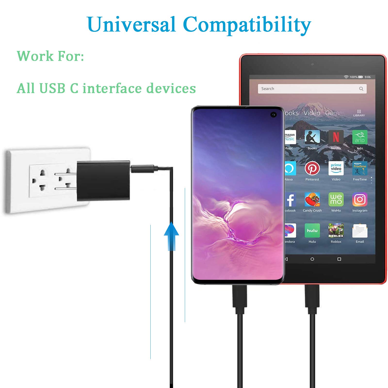 New HD10 Charger with 6Ft USB C Charging Cord Compatible for Fire HD10-11th Generation 2021 Release，Fire HD 10 Plus,Fire HD10 Kids Pro