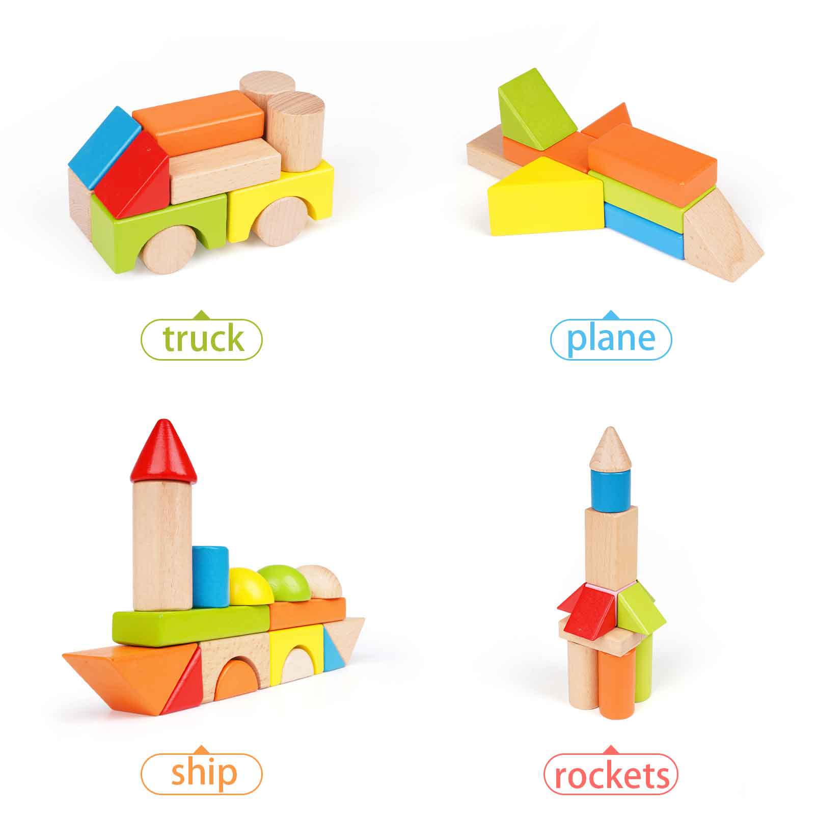 100Pcs Wooden Building Blocks Set- Wood Stacker Stacking Blocks Game Toys for Toddlers , Multiple Shapes, Numbers Blocks and ABC Alphabets Blocks- Baby Wooden Blocks for Kids Learning and Playing
