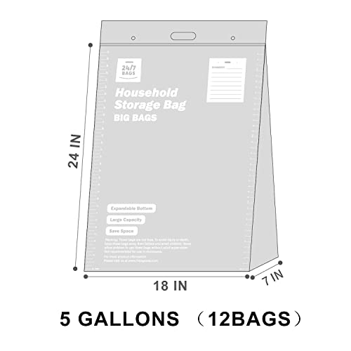 24/7 Bags- Double Zipper Bags, 5 Gallons, 12 Count, Stand and Fill, Carry Handle, BPA-Free, Air Tight Seal