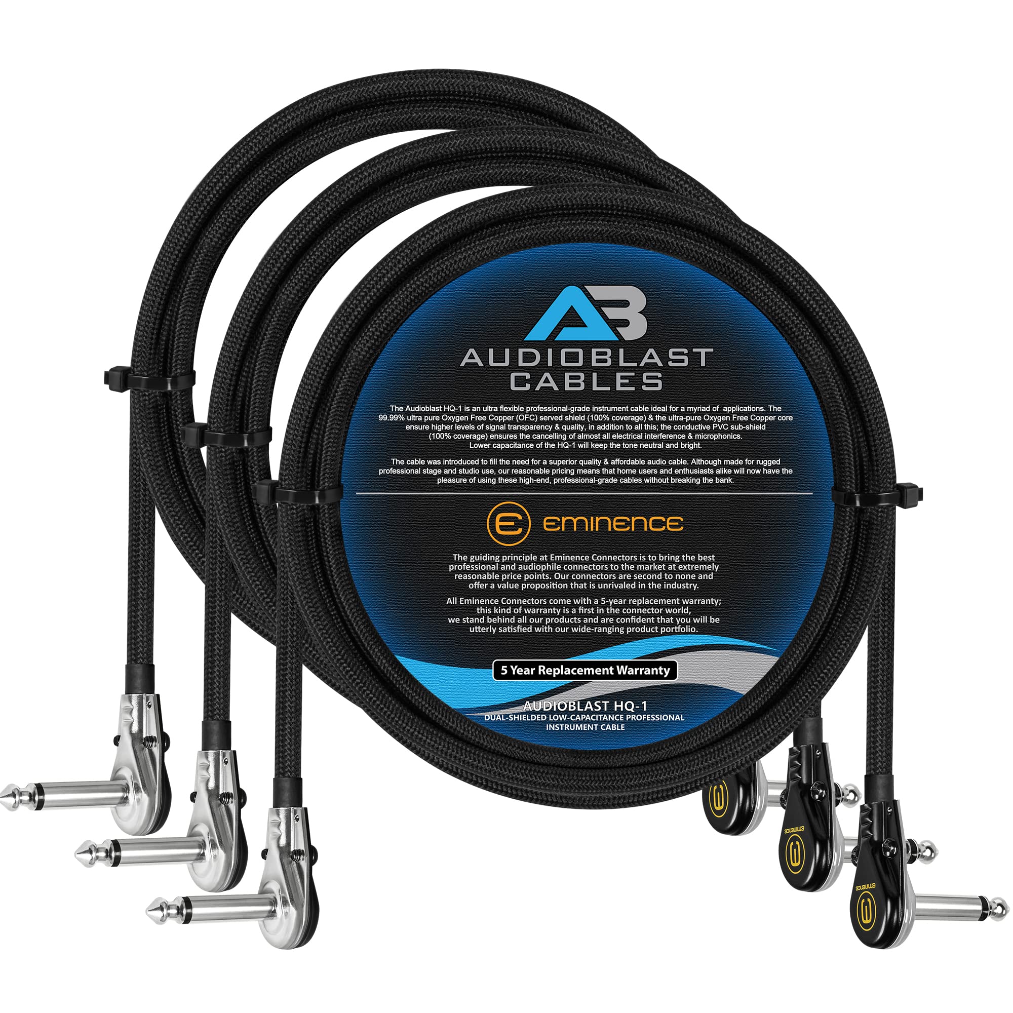 3 Units - 4 Foot - Audioblast HQ-1-BRAID(Black)-Flexible-Dual Shielded(100%)-Instrument Effects Pedal Patch Cable w/ ¼ inch (6.35mm) Low-Profile, R/A Pancake Type TS Connectors & Dual Staggered Boots