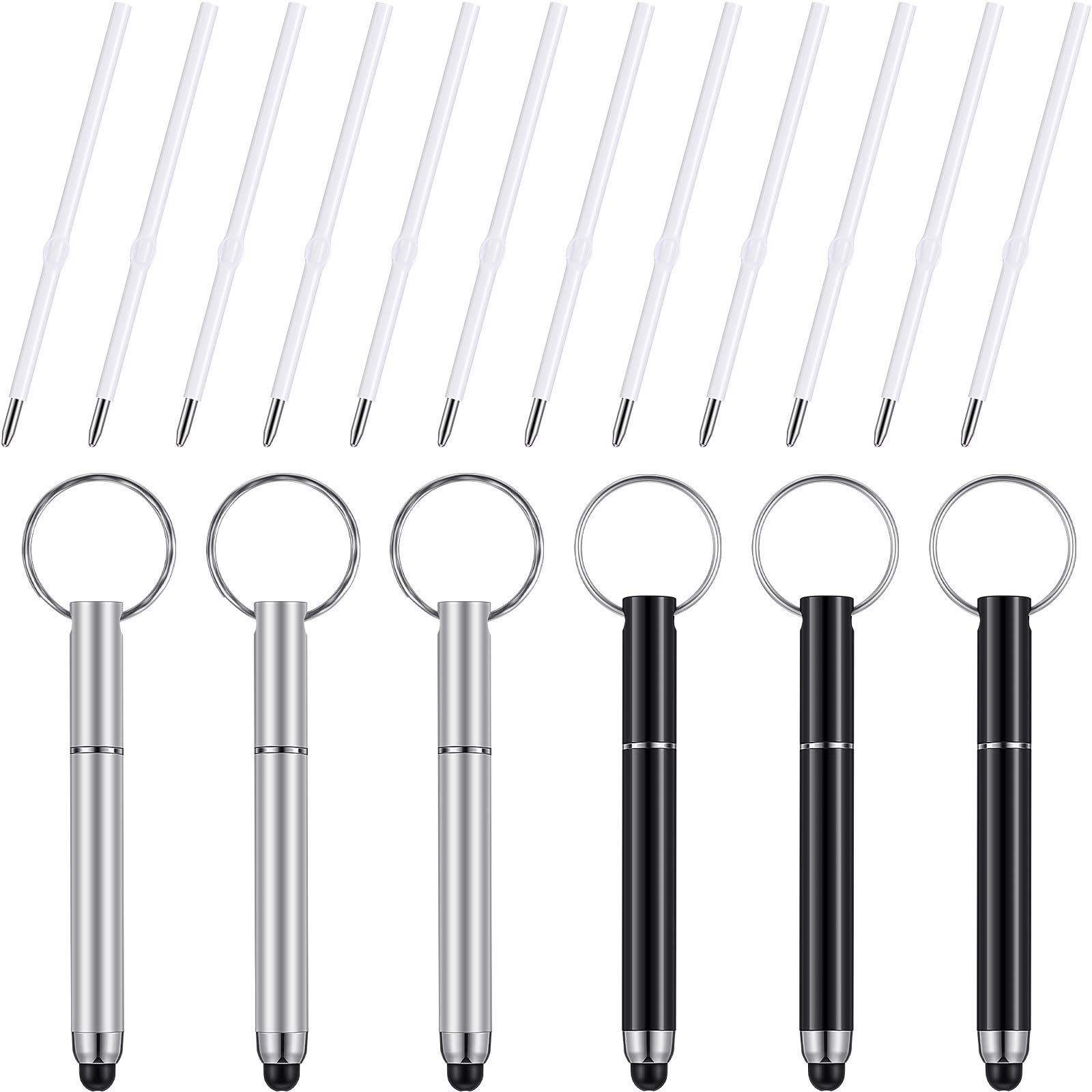 6 Pieces Mini Stylus Pen with Keyring Loop Bullet Capacitive Stylus Pen Keychain Stylus Tablet Pen and 12 Pieces 1.0 mm Black Refills with Bullet-Shaped for Signature Portable Touch Screen