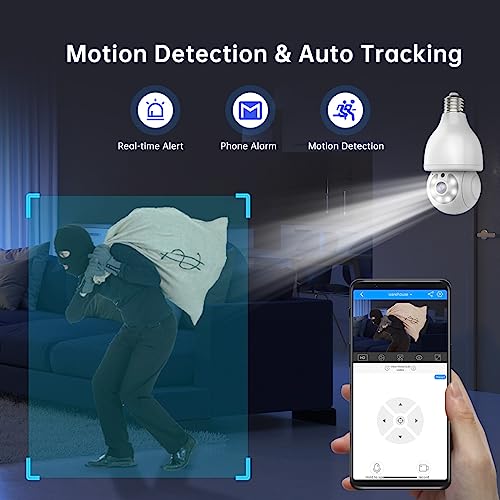 2K HD Light-Bulb Security Camera, Wireless 2.4G&5Ghz Wifi, Work With NVR & 3rd Party Software, RTSP Stream, Work With Alexa, 360° View, Auto Tracking, 2 Way Audio, Motion Detection, Remote View