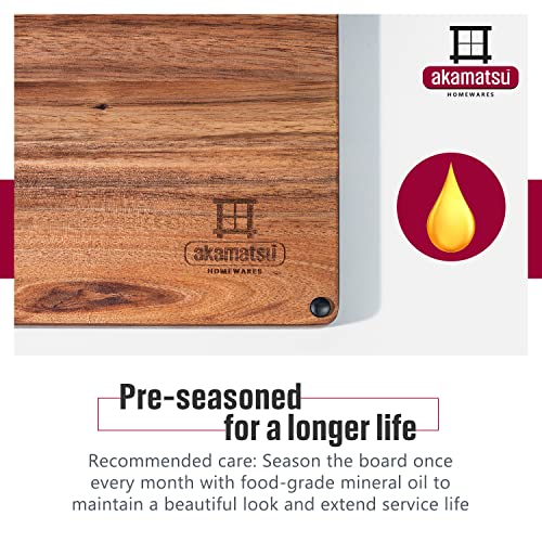 AKAMATSU HOMEWARES | RYOKAN Acacia Wood Cutting Board | Edge Grain XL Cutting Board with Deep Juice Well | 17x13.2x1" Charcuterie Board Serving Platter with Sorting Compartments | Sustainable Gift Box