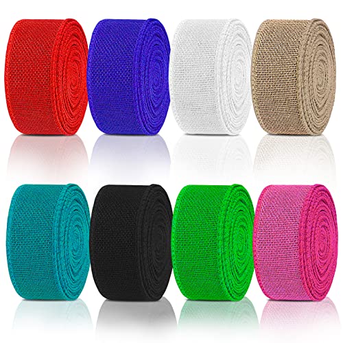 8 Rolls Burlap Wired Ribbons, 1-1/2 Inch x 5 Yard Jute Edge Ribbon Rolls Wrapping Burlap Ribbon for Wreaths Wedding, Bow, Christmas Tree Decoration(Deep Colors)