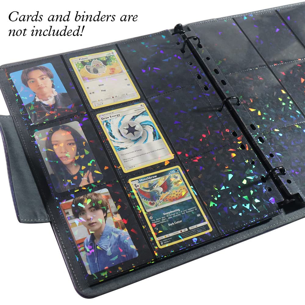 30PCS Holographic Trading Card Sleeve Pages Gemstone Foil Card Sleeves TCG&Photo 9 Pockets Fit 3 Ring Binder Pages (Side Loading Black Pages)