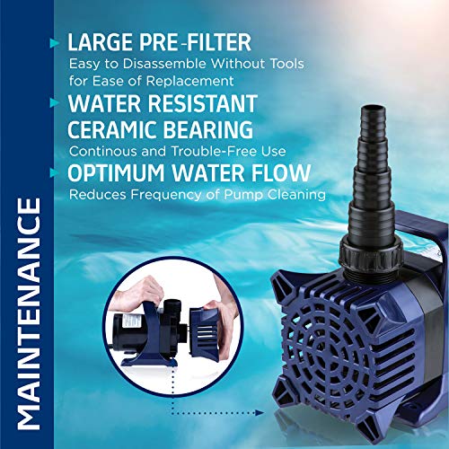Alpine Corporation 3100 GPH Submersible Water Pump with 33 FT Cord and Adapters for Ponds, Fountains, Waterfalls, and Water Circulation, 276 Watts 21.5 FT Lift Quiet Operation Vertical/Horizontal