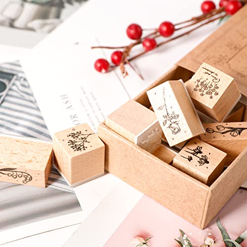 12 Pieces Wood Rubber Stamps Vintage Flowers Stamp Set DIY Craft Scrapbooking Stamps for Journals Diary Planner Letter Album Card Making