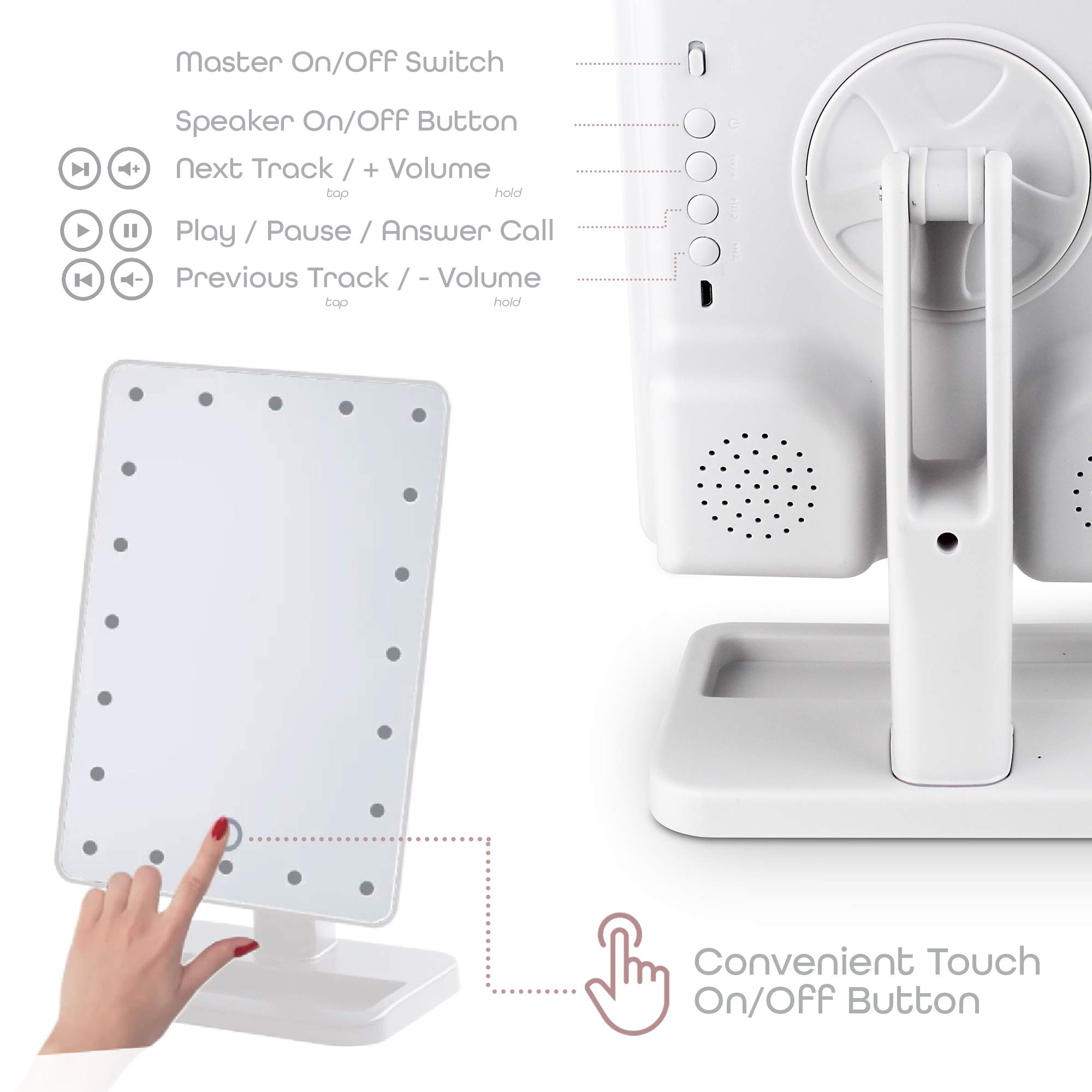 Aduro Vanity Mirror Makeup Mirror With Lights And Wireless Speaker, U-Reflect Beauty LED Wireless Swivel Smart Home Audio Mirror With Tray (White)