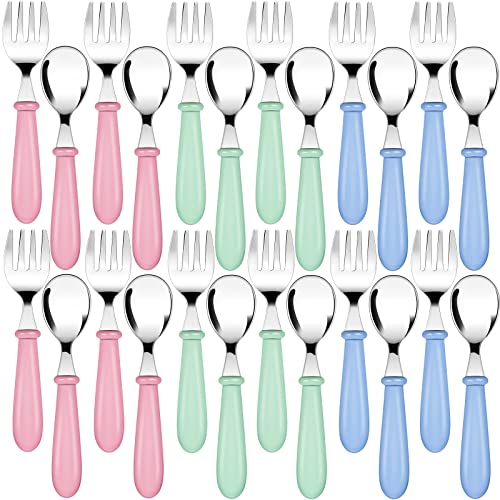 24 Pieces Toddler Spoons and Forks Toddler Silverware Set Stainless Steel Utensils Kids Cutlery Toddler Silverware with Round Handle for Safe Dining Lunch Box Kitchen