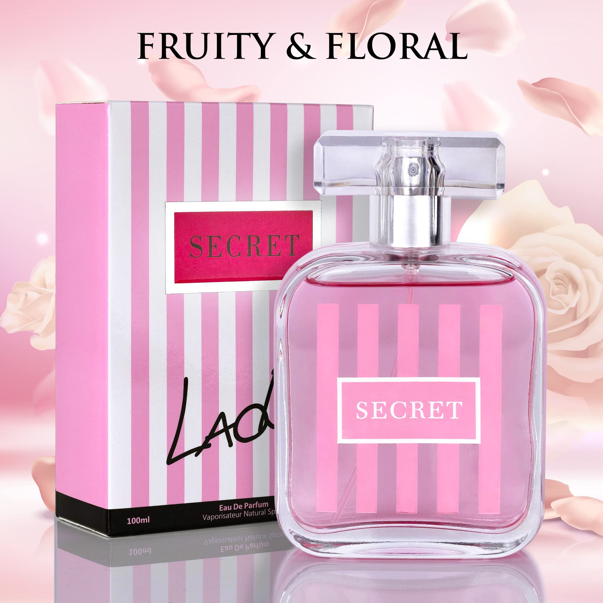 NovoGlow Lady Eau De Toilette for Women elegant 3.4 fl oz Bottle with Shiny Suede Pouch Lovely Gift Combination of Fruity and Floral Notes with Pine Tree Base Aromatic Fragrance for All Occasions (D)