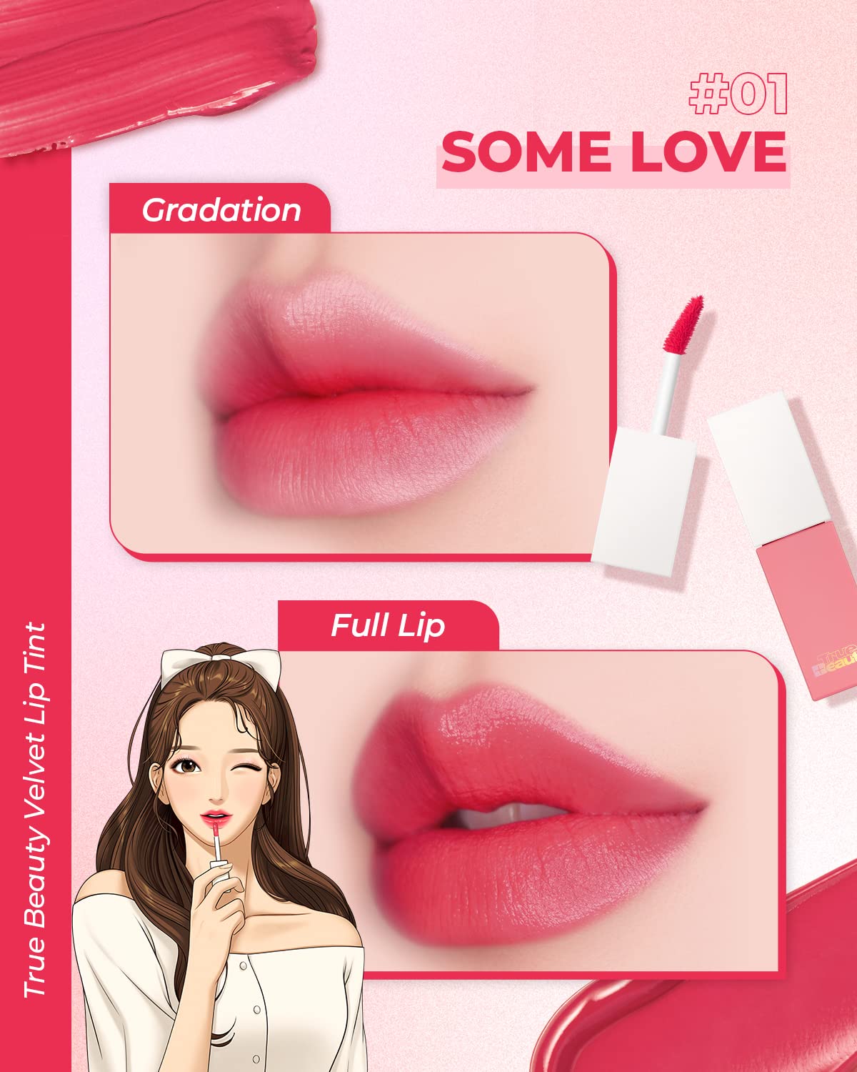 AMTS Webtoon True Beauty - 01 Some Love | Pink Lip Tint Stain | High Pigment Liquid Waterful Shine Non-Sticky Long-Wearing Long-Lasting | True Beauty Cute Pink Makeup