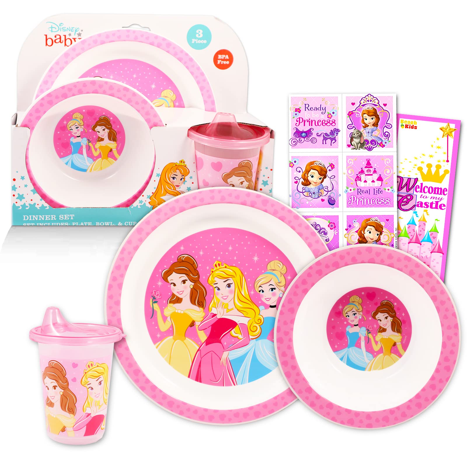 Disney Princess 5-Piece Dinnerware Set for Kids, Toddlers - Plastic Plate, Bowl, Cup with Cinderella Stickers and Castle Door Hanger