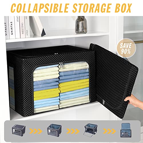3 Pack Clothes Storage Organizer Bins - Foldable Metal Frame Storage Bins Stackable Oxford Cloth Fabric Container Organizer Set with Carrying Handles and Clear Window (Large-66L, Black Dots)