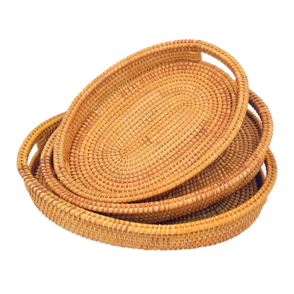 3 Pack Handmade Oval Woven Basket Tray, 15 Inch Rattan Storage Baskets with Handles and 2 Inch Raised Side, Decorative Wicker Organizer Tray for Table Serving, Bread, Fruit, Catch All Dish, S, M, L