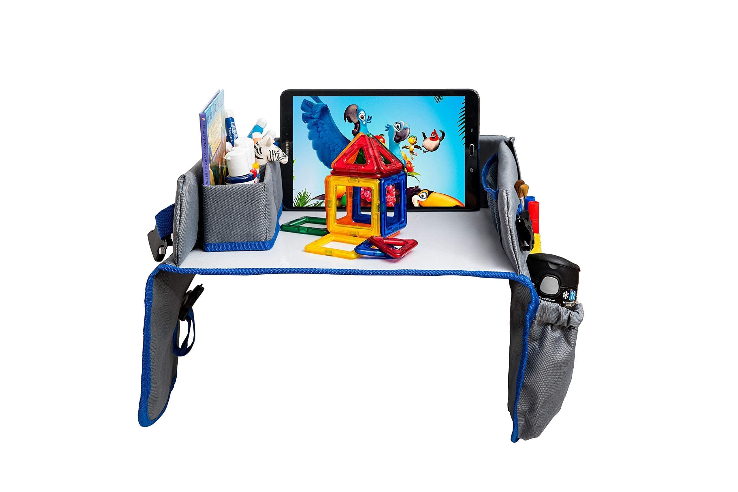 ADVO Kids Travel Tray Car Seat - Activity and Play Tray Organizer for Children and Toddlers, Lap Desk with Tablet Phone Holder, Waterproof and Foldable Whiteboard (Grey)