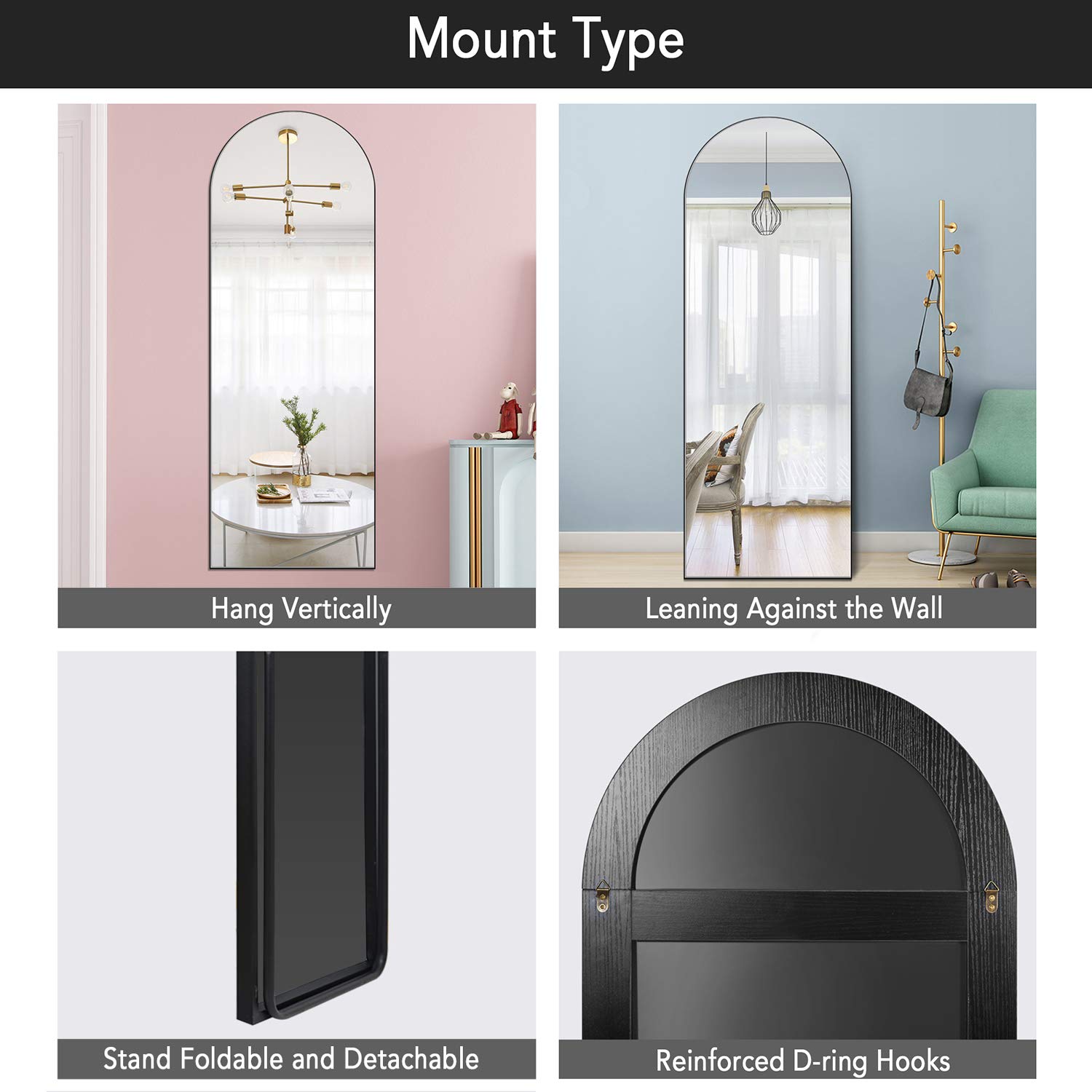 PexFix Arched Full Length Mirror Black, Floor Mirror, Standing Hanging or Leaning Against Wall Full Body Mirror Wall Mirror-64''x21''