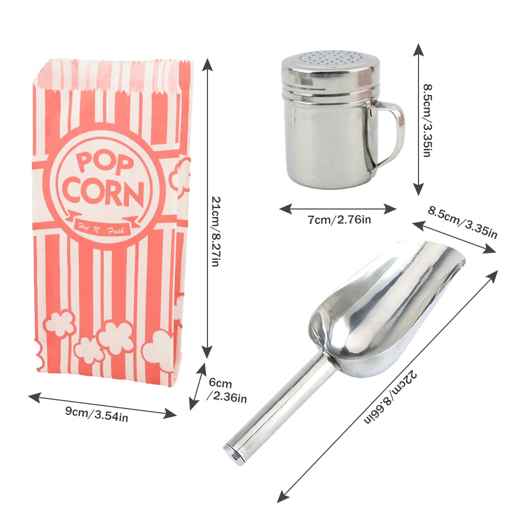 203 PCS Popcorn Machine Supplies Set, 200 PCS Popcorn Paper Bags with Popcorn Scoop, 2PCS Season Salt Shaker, Popcorn Supplies for Popcorn Machine