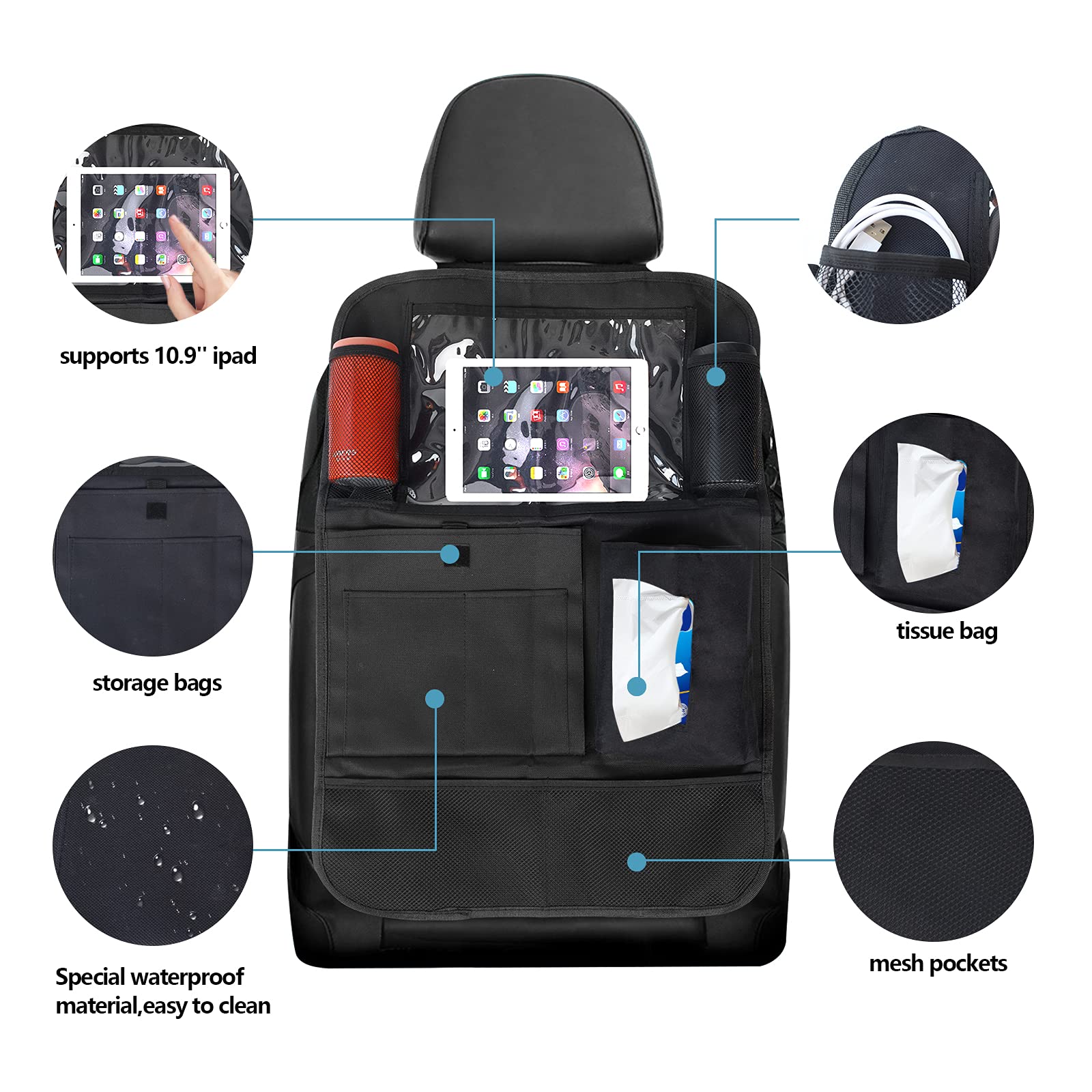 Car Seat Protector for Child Car Seat + Car Organizer Back Seat 4 Pack Kick Mat Car Seat Cover for Baby Carseat Waterproof for Leather CarSeats
