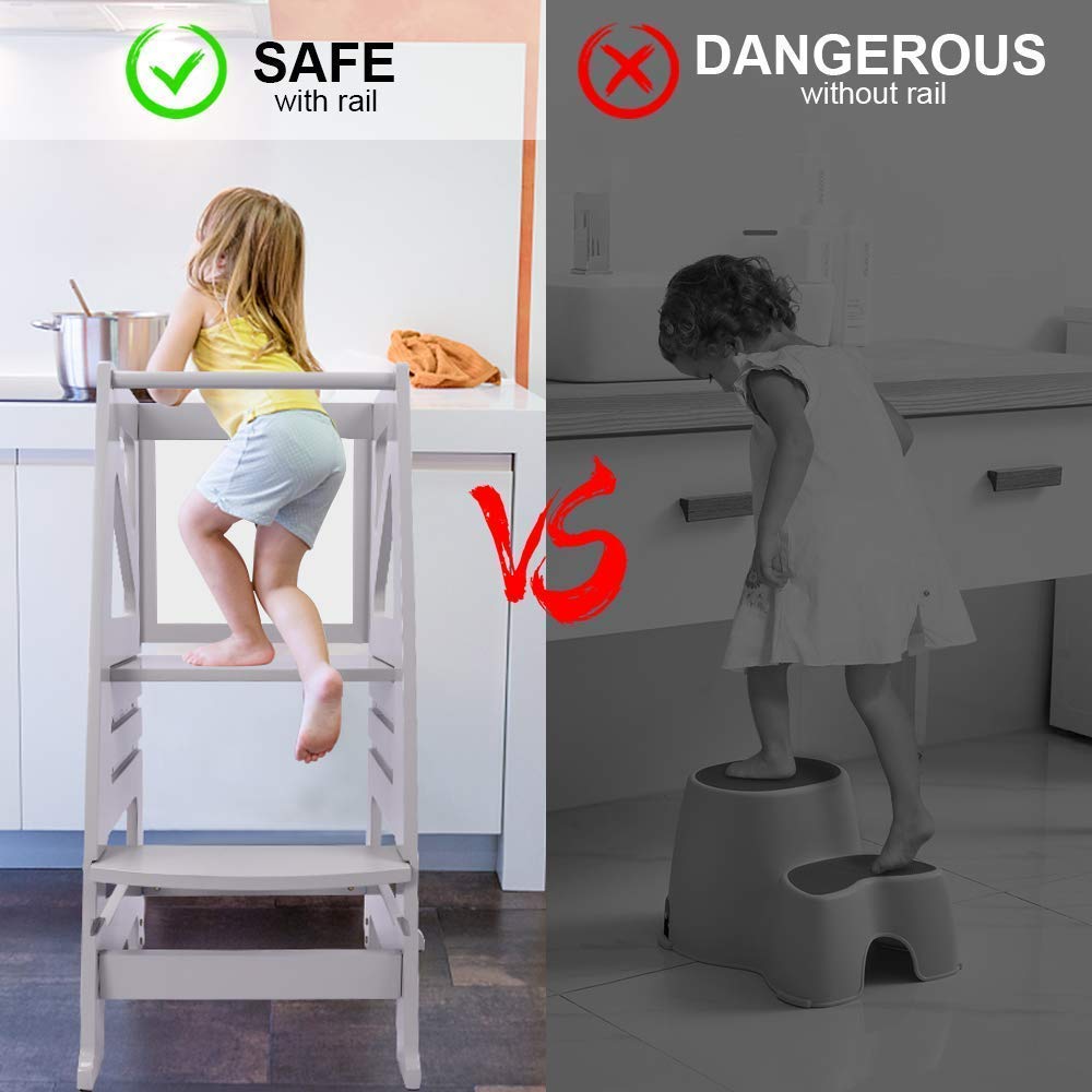 Toddler Kitchen Step Stool Toddler Standing Tower Toddler Step Stool Toddler Tower with Message Boards Safty Rail-Adjustable Kids Kitchen Step Stool for Kitchen Counter Bathroom Sink (Grey)
