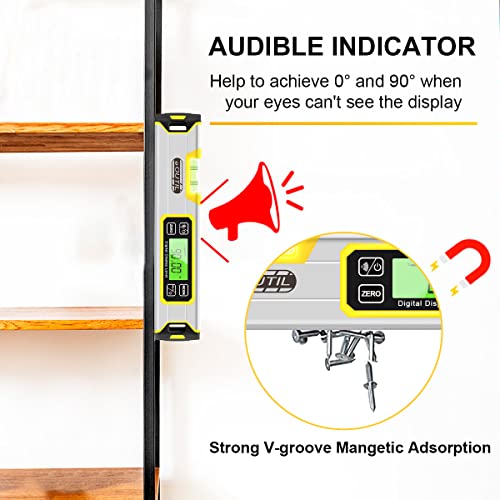 12-Inch Digital Torpedo Level and Protractor Aluminum Inclinometer Angle Finder with Backlight LED Display & V-Groove Magnetic Base, IP54 Dust/Water Resistant Smart Level