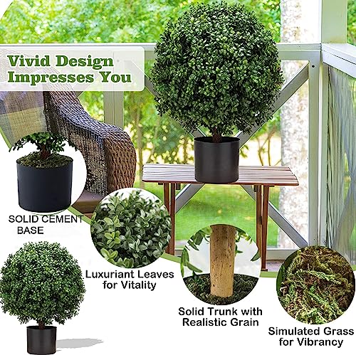 24''T Artificial Boxwood Ball Topiary Tree, Set of 2 -Pre-Potted Artificial Bushes UV Resistant, Artificial topiariy Trees for Outdoor or Indoor