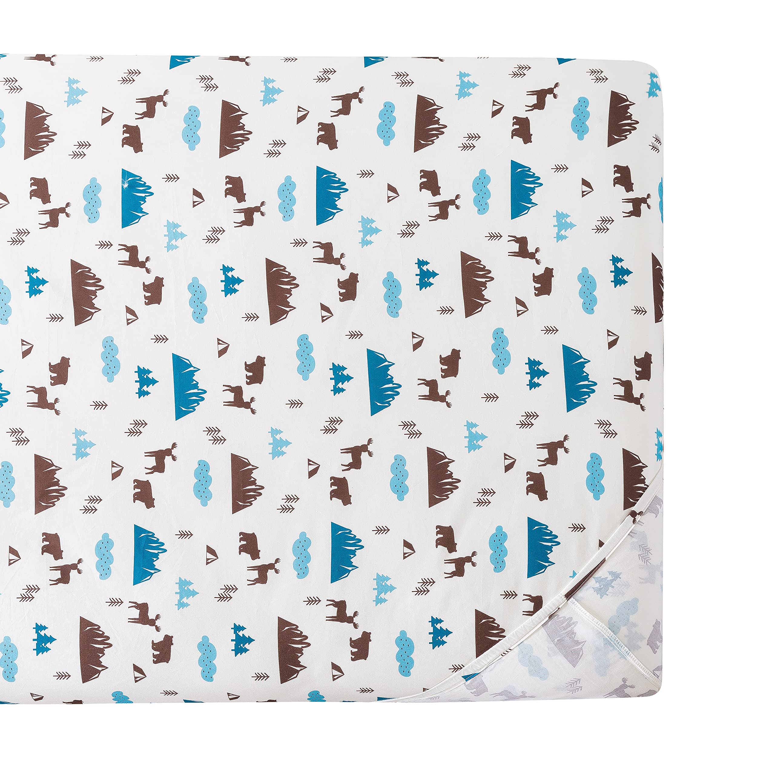 Soul & Lane 3-Piece Cotton Forest Animals Crib Bedding Set for Boys - Comforter, Crib Sheet, Changing Pad Cover: Woodland Friends Crib Bedding Set, Deer Bear Blue Nursery Quilt, Mountain Crib Sheet