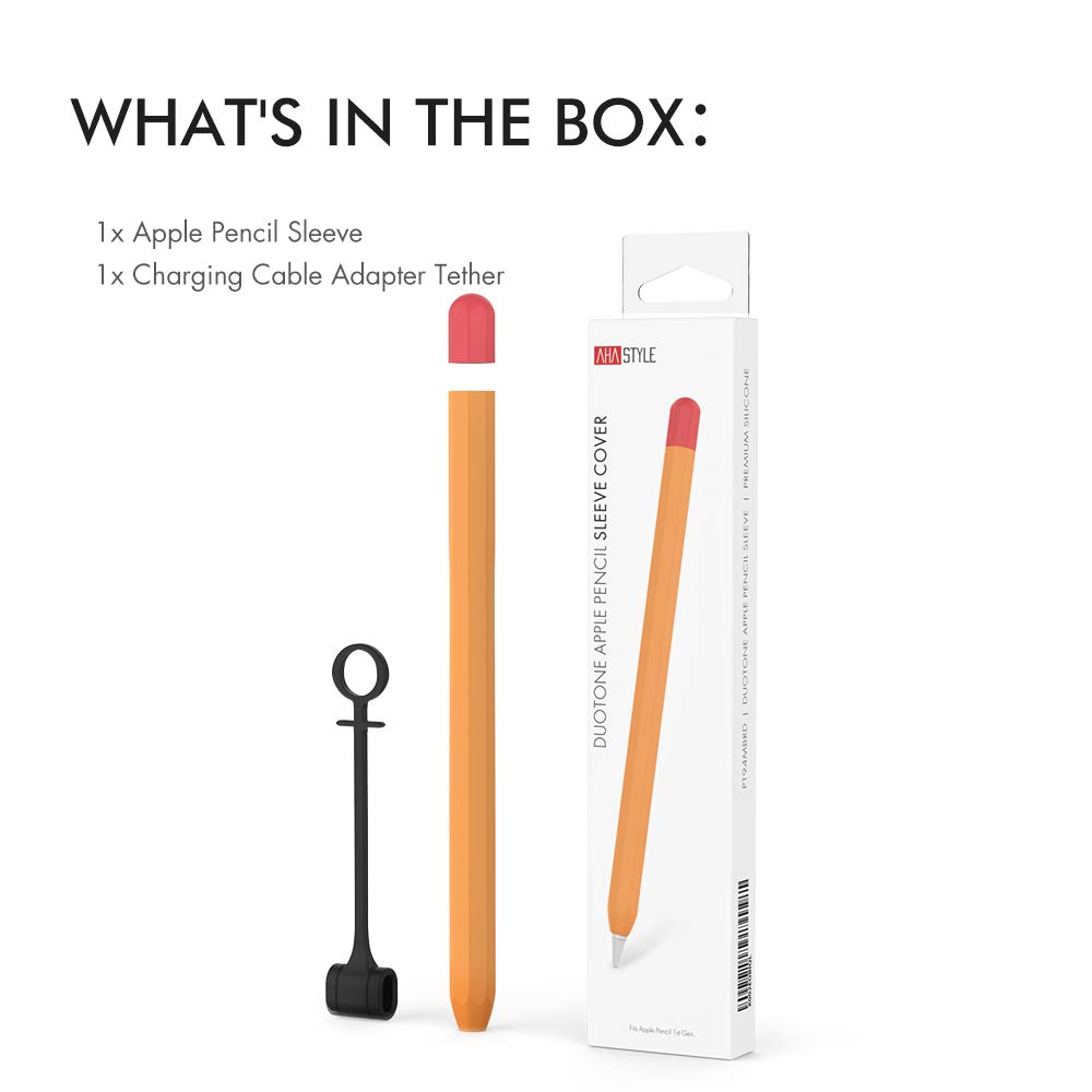 AhaStyle Duotone Case for Apple Pencil 1st Gen, Silicone Sleeve Cover with Cable Adapter Tether Kit Compatible with Apple Pencil 1st Generation(Orange)