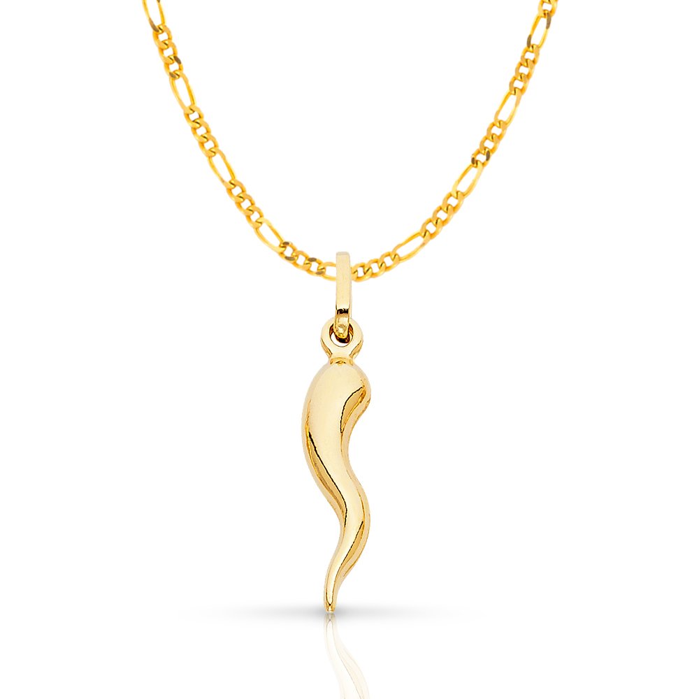 14K Yellow Gold Cornicello Italian Horn Necklace Good Luck Charm Pendant with 1.9mm Figaro 3+1 Chain - 16"