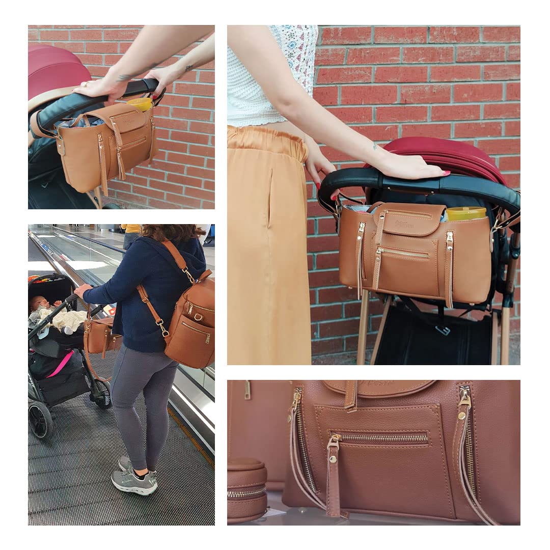 motheric Brown Leather Universal Stroller Organizer Shoulder bag with insulated cup holder, Shoulder strap - Parent console Caddy with strollercup holder