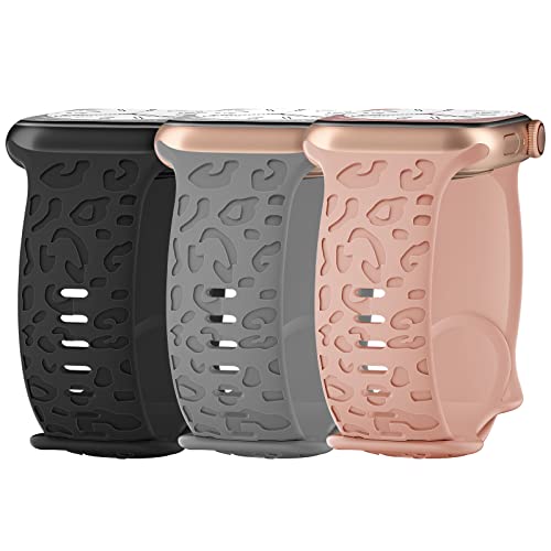 3 Pack Leopard Engraved Band Compatible with Apple Watch Band 41mm 40mm 38mm 45m 44mm 42mm Women Men, Cheetah Printed Soft Silicone Straps for iWatch Series 8 7 SE 6 5 4 3 2 1, Black/Gray/Sand Pink