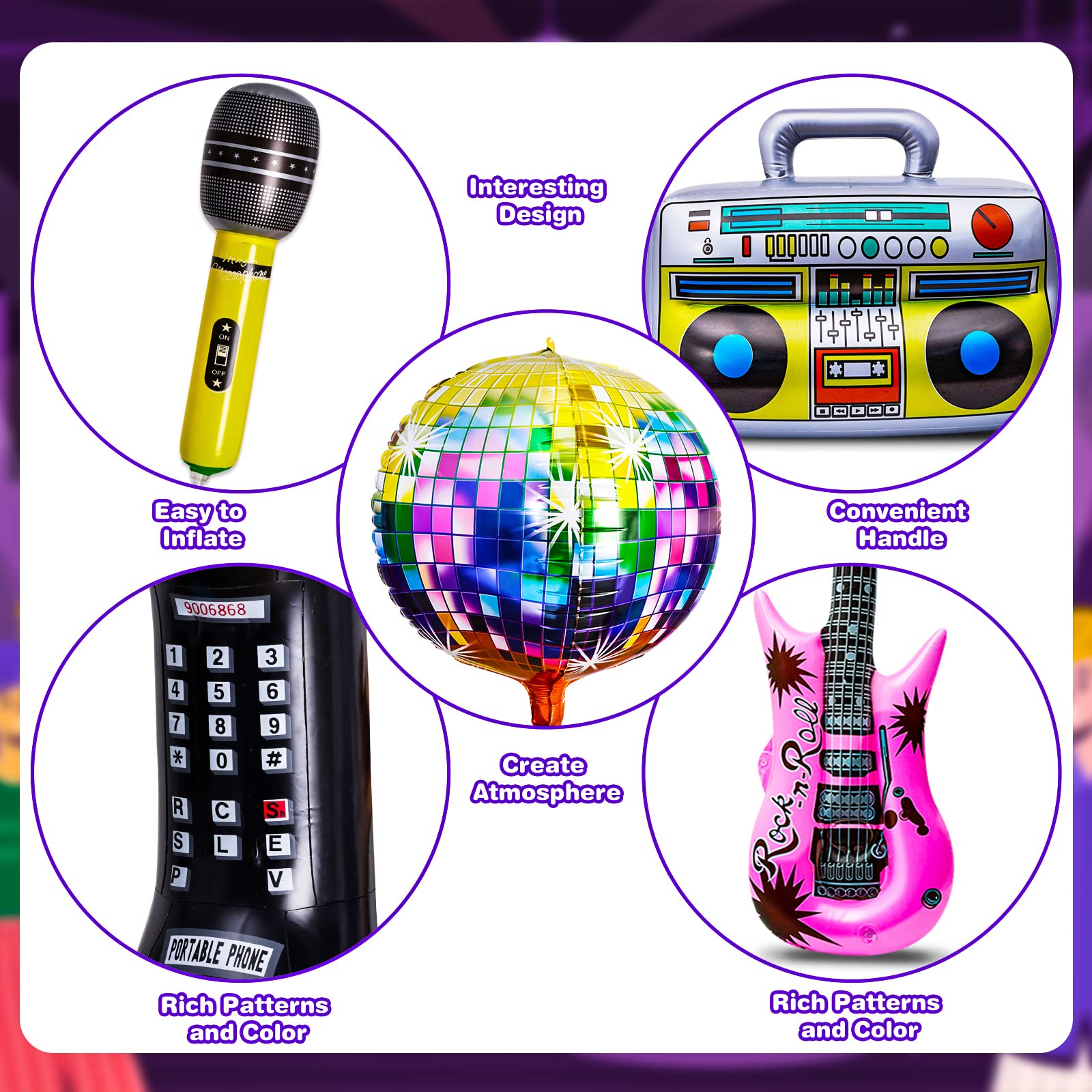 101PCS 90s Party Decorations, 90's Birthdays Party Supplies Bundle Includes Inflatable Disco Ball Radio Boom Box Retro Mobile Phone Guitar and Mobile Phone, Back to 90s Hip Hop Party for Adults