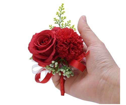 2 Pack Flower Wrist Corsage Boutonniere Set,3" Artificial Rose and Carnation Handmade Silk Flower for Wedding Flowers Accessories Prom Suit Decor (Red)
