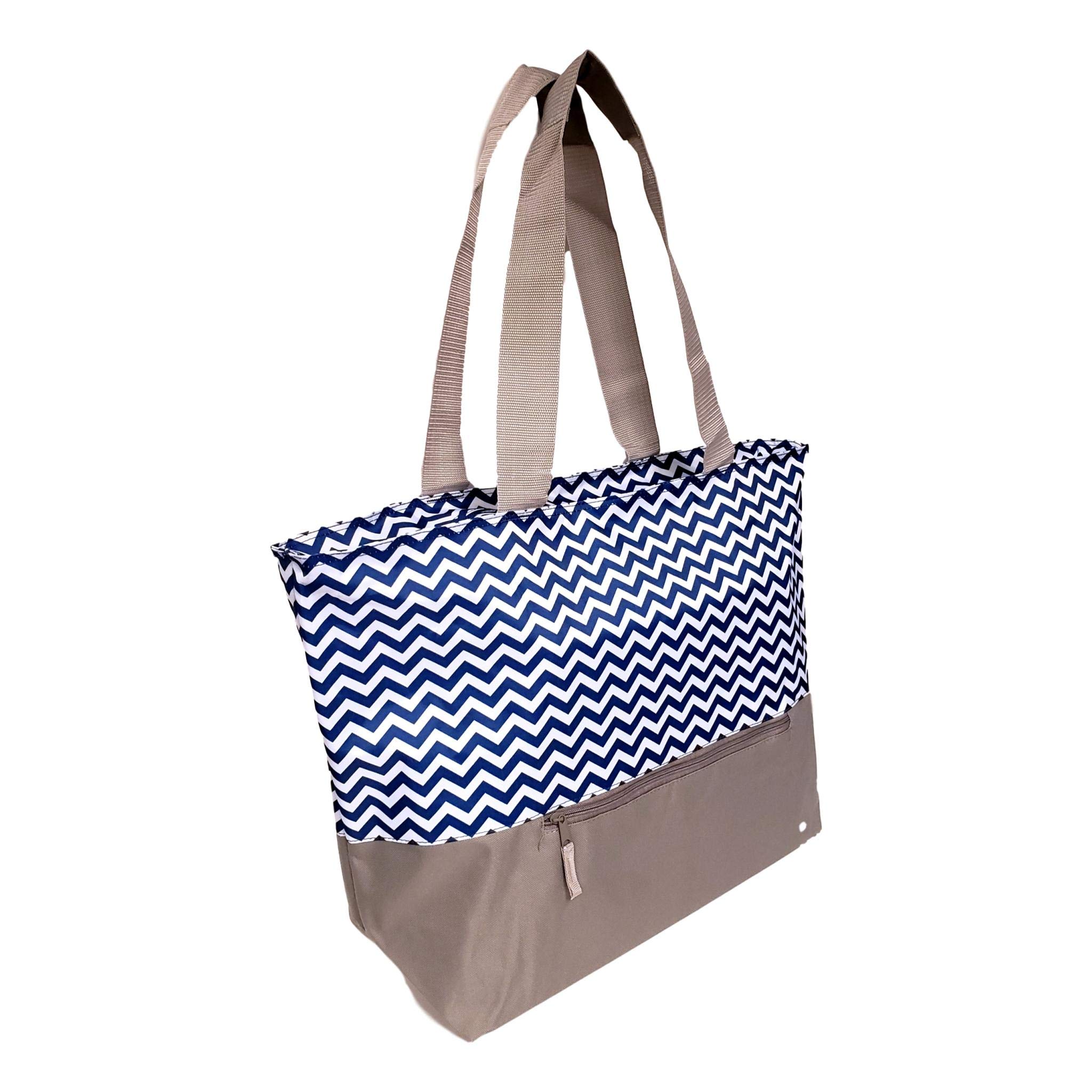 101SNORKEL XL Beach Tote Chevron Print Weekender Bag with Mesh Webbed Handles and Outer Zippered PocketCan Be Personalized (Personalized, Navy Blue)