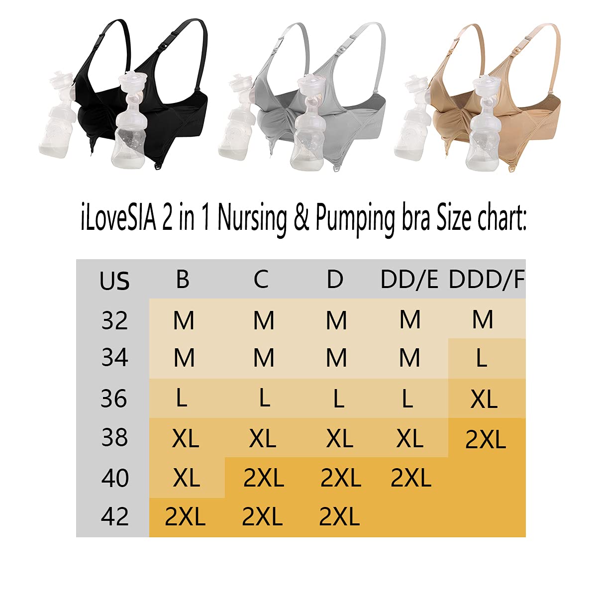 iloveSIA 3PACK Nursing & Pumping Bra All in One Hands Free Pumping Bra Black+Gray+Beige Size XL