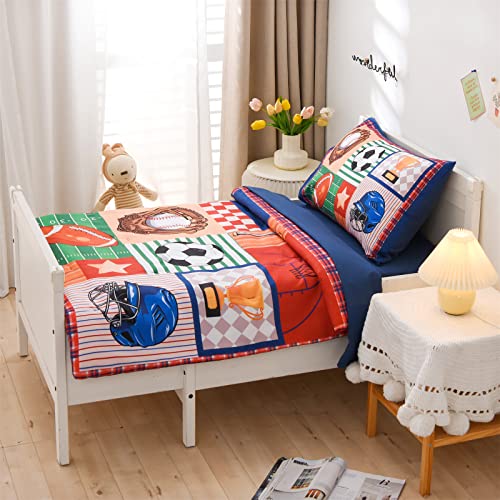 A Nice Night Sports Patchwork for Boys Basketball Baseball Rugby Soccer Printed Toddler Bedding Set,Includes Comforter, Flat Sheet, Fitted Sheet and Pillowcase, Navy