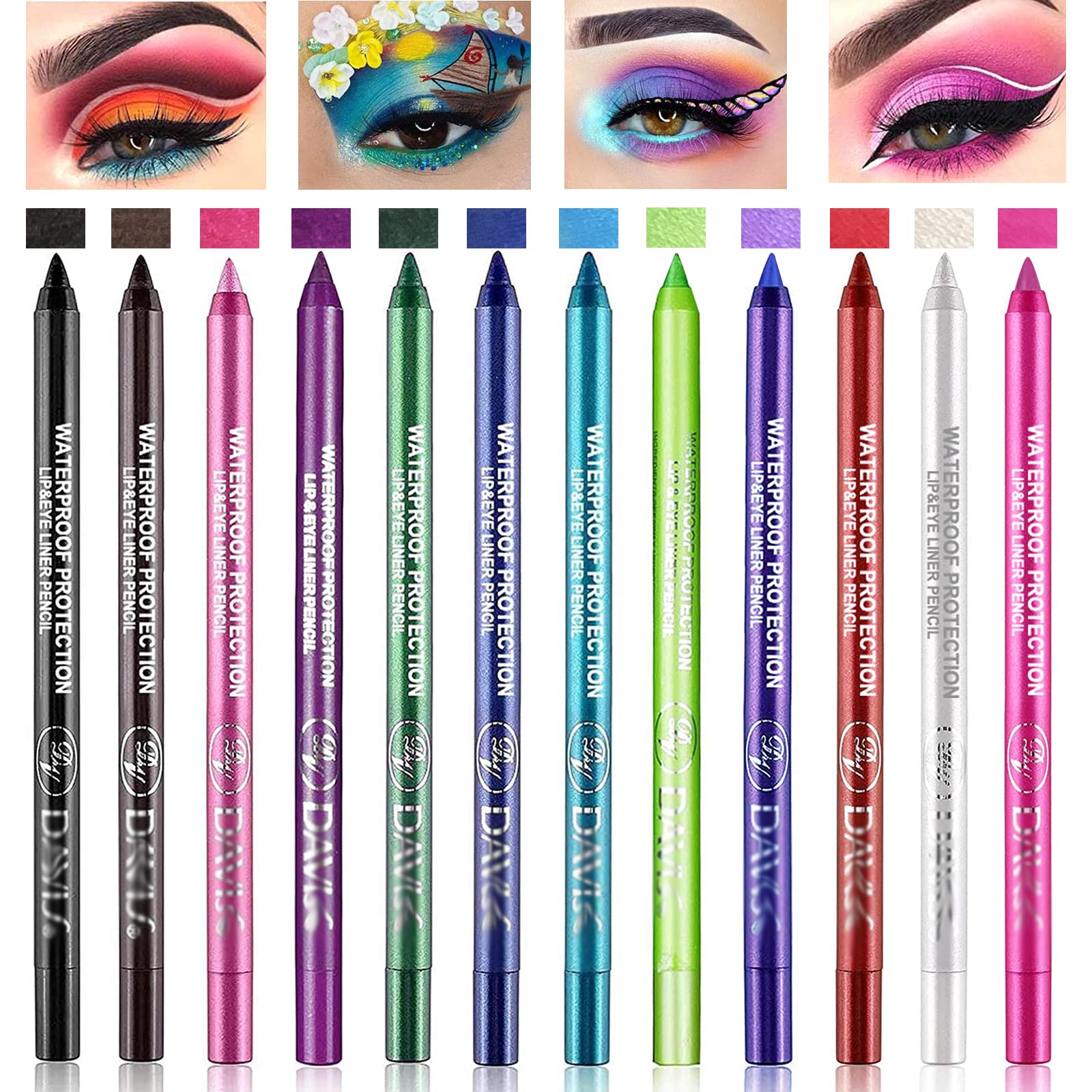 Geruicee 12 Colors Eyeliner Pen Set,Glitter Eyeliner Pencil,Pearl Eyeliner Pencil Waterproof Colored Eyeliners Long-Lasting Professional Eye Makeup Set for Women
