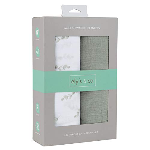 Ely's & Co. Muslin Swaddle Blanket 2-Pack β 100% Cotton Muslin Extra-Large Swaddle Blankets (47β x 47β) Watercolor Eucalyptus Print & Solid Sage