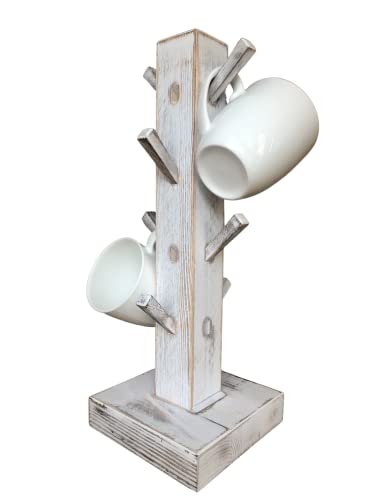 16" Solid Wood Coffee Mug Stand | Coffee Mug Tree | Coffee Mug Rack | Coffee Cup Holder | Adjustable / Removable Hooks | Holds 10 Mugs | Collapsible for Storage | Jewelry / Watch Organization (White)